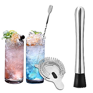SENHAI Stainless Steel Cocktail Muddler, Spiral Mixing Spoon & 4-Prong Bar Strainer, Home Bar Bartender's Muddling Tool Set