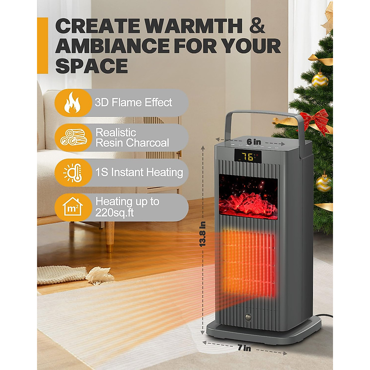 2023 Space Heater with 3D Bonfire, 1500W Electric Room Heater with Thermostat, Remote Control Ceramic Desk Heater with Timer, Small Personal Heater Fan for Bedroom, Large Room, Home, Office, Indoor