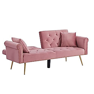 FANYE 3-in-1 Tufted Upholstered Daybed Futon Sofabed Loveseat W/Reclining Split Backrest and Metal Legs,2-Seaters Sofa Soft Cushions Love Seat Convertible Sleeper Couch Bed for Living Room, Twin, Pink