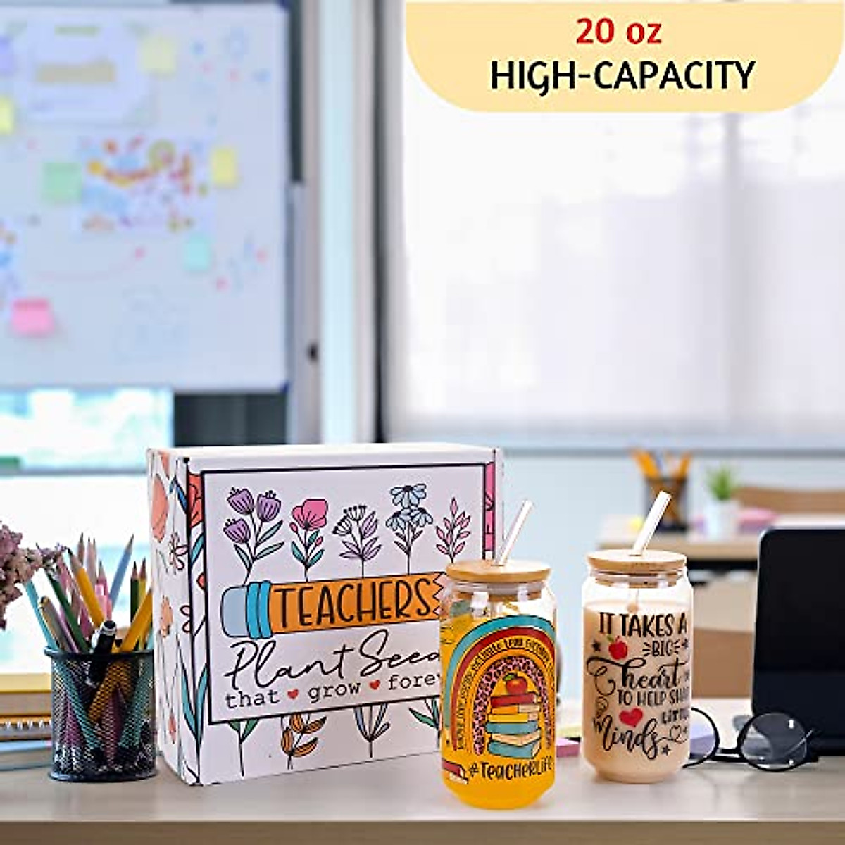 Teacher Appreciation Gifts for Women, Teacher Appreciation Gifts from Students, Teacher Gifts for Birthday, Christmas, Back To School, New Teacher Graduation Gift - 2pcs 20 Oz Teacher Can Glass