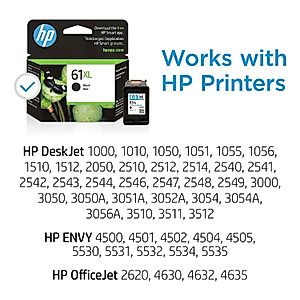 Original HP 61XL Black High-yield Ink | Works with DeskJet 1000, 1010, 1050, 1510, 2050, 2510, 2540, 3000, 3050, 3510; ENVY 4500, 5530; OfficeJet 2620, 4630 Series | Eligible for Instant Ink | CH563WN