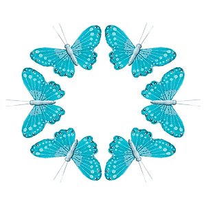 3D Teal Butterfly Wall Decor: Set of 6 Real Feather Butterflies Wall Stickers with Pearls for Girls Bedroom Baby Shower Wedding Cake Office Decor Butterfly Wall Decals for Bathroom Boho Living Room