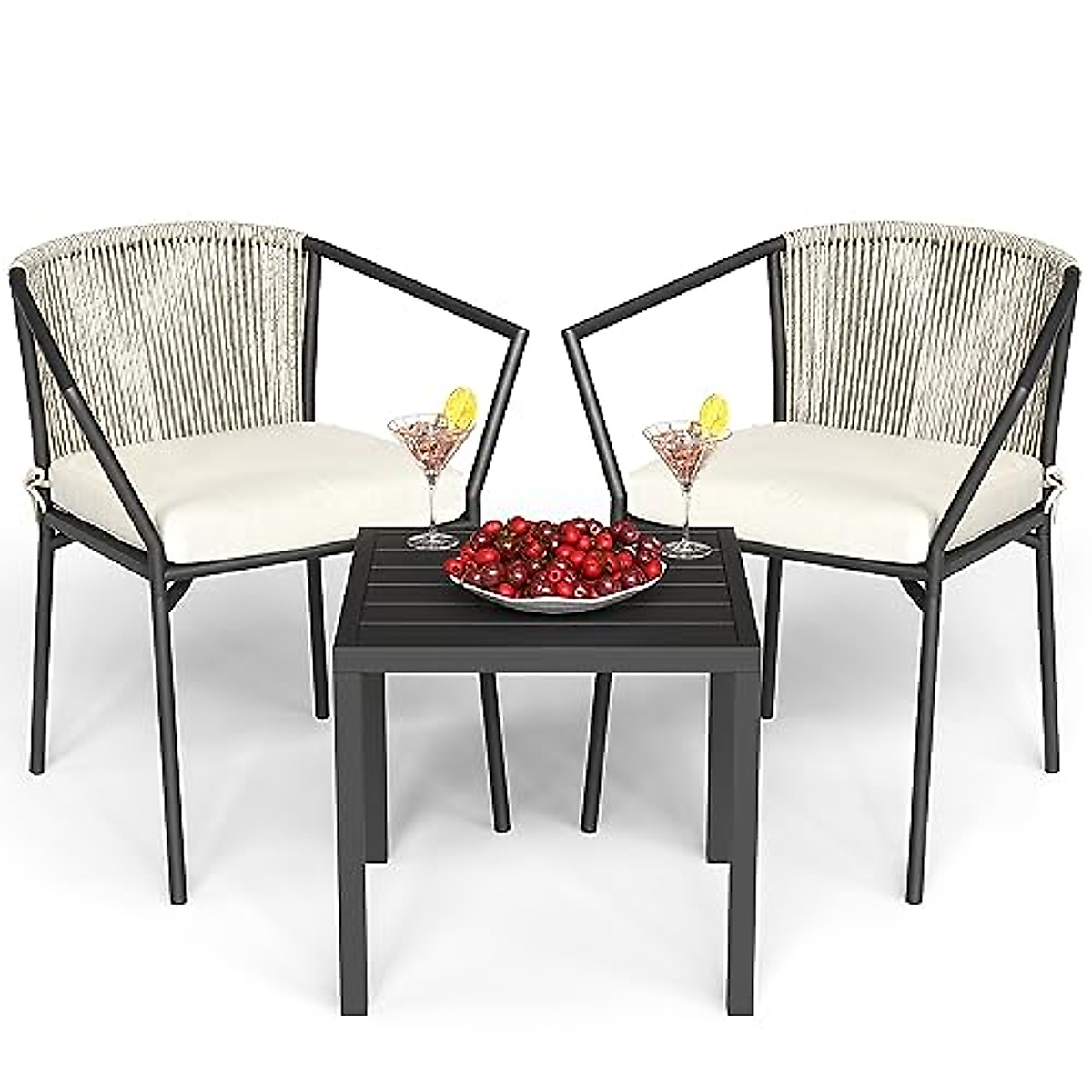 YITAHOME Wicker 3-Piece Outdoor Bistro Set, All-Weather Patio Conversation Set with Stackable Chairs & Table, Outdoor Sectional Furniture Set for Balcony, Backyard, Pool, Porch, Deck - Grayish White