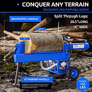 EFURDEN Portable Gas Log Splitter with 7 HP-4 Stroke Engine, 20-ton Hydraulic auto-Return ram System and Twin Gear Hydraulic Pump, Horizontal Full Beam Steel Wedge firewood Splitter
