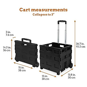 Inspired Living Ultra-Slim Rolling Collapsible Storage Pack-N-Roll Utility-carts, with Telescopic Handle, for Home, Garden, Shopping, Office, School use, Medium, Black