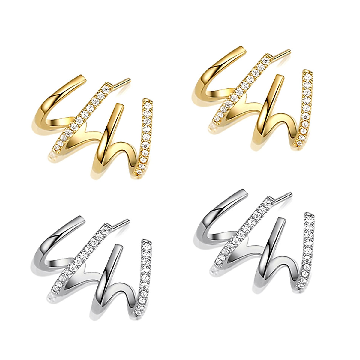 2 Pairs Claw Earring Cuff Zircon Needle Stud Ear Cuffs Gold Silver Claw Earrings for Women Dainty Minimalist Huggie Ear Wrap Piercing Stud Earrings