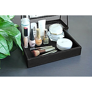 HofferRuffer Faux Leather Vanity Tray, Elegant Desktop Storage Organizer, Decorative Catchall Perfume Tray, Bathroom Valet Tray, Nightstand or Dresser Organizer, Black, 10.2 x 8.4 x 1.8 inches