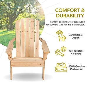 Shine Company Mid-Century Modern Wooden Adirondack Chair, Outdoor Patio Firepit Chairs, Back & Seat Pre-Assembled, Natural