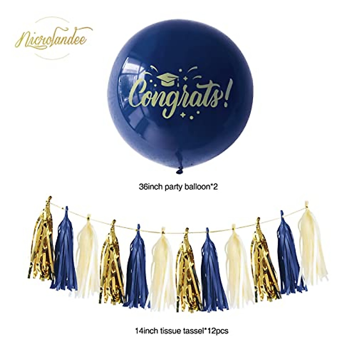 NICROLANDEE 2023 Graduation Navy Blue Party Decorations - 36 Inch Giant Round Balloons with Paper Tassels Garland for Graduation Party, Congrats Grad Party, Photo Prop Backdrop
