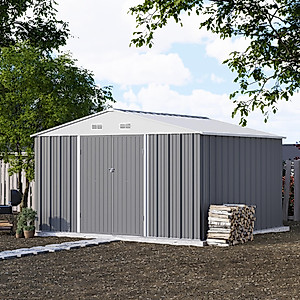 Patiowell 10' x 10' Metal Storage Shed for Outdoor, Steel Yard Shed with Design of Lockable Doors, Utility and Tool Storage for Garden, Backyard, Patio, Outside use, Grey