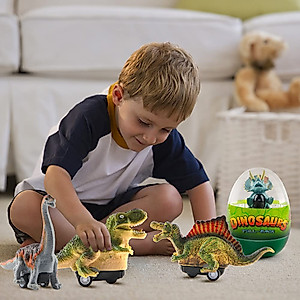 4 Pack Prefilled Easter Eggs with Dinosaur Pull Back Cars, Jumbo Plastic Easter Eggs with Toys Inside for Easter Basket Stuffers, Party Favors Gifts for Toddler Kids Boys Girls