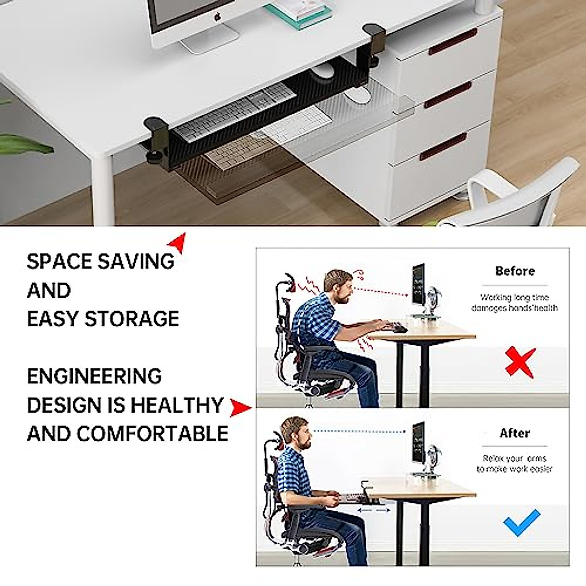 alfd suoke Keyboard Tray Under Desk, Pull out Keyboard & Mouse Tray with Sturdy C-Clamp, Slide Out Keyboard Platform, Adjustable Height Keyboard Drawer, 29.5'' x 9.4''