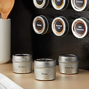 Talented Kitchen 12 Magnetic Spice Jars for Refrigerator with 3 Metal Wall Bases, 269 Preprinted Seasoning Labels, 2 Styles, 1 Cooking Conversion Chart, for 3 oz Containers