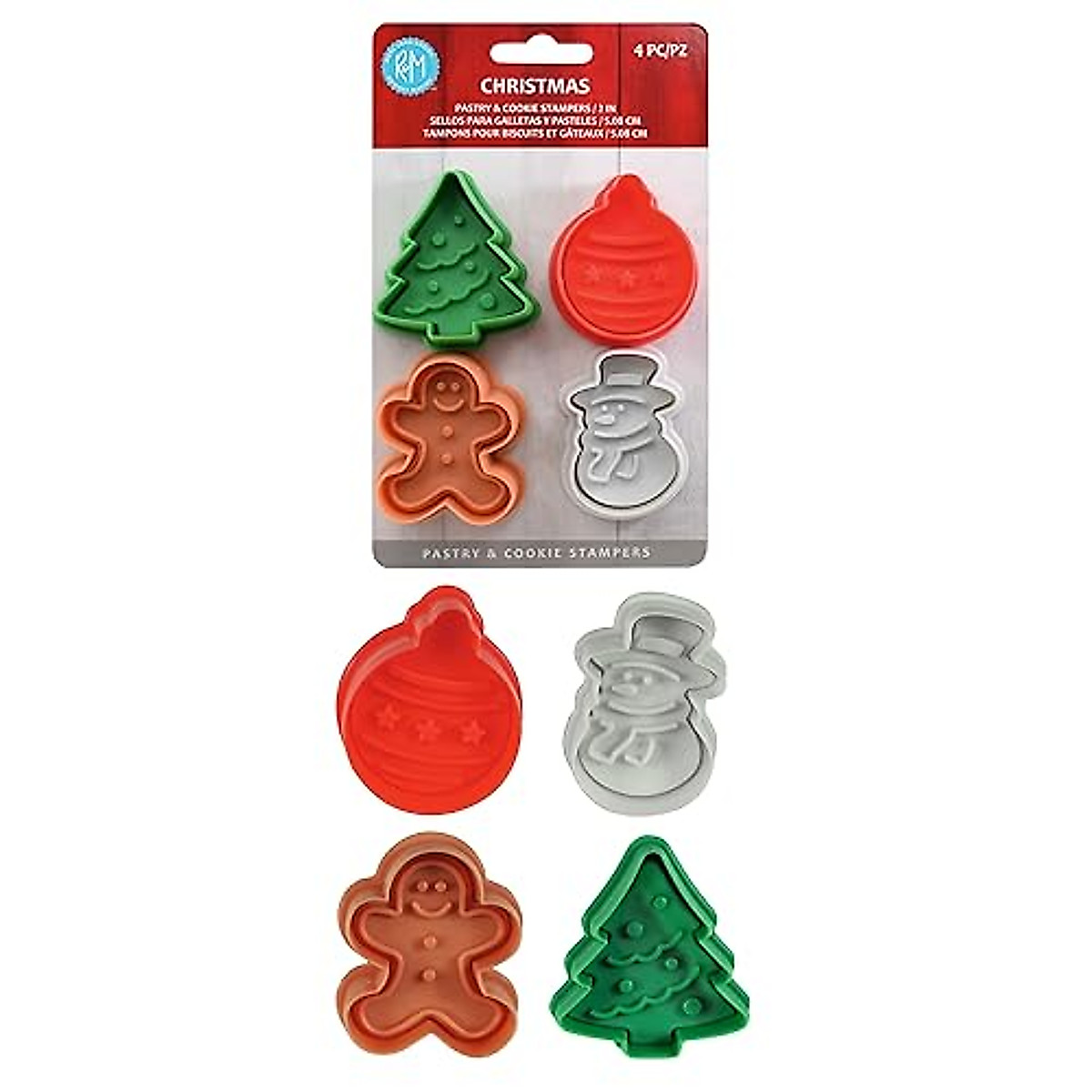 R&M International 0 Christmas 2" Pastry/Cookie/Fondant Stampers, Tree, Snowman, Gingerbread Boy, Ornament, 4-Piece Set