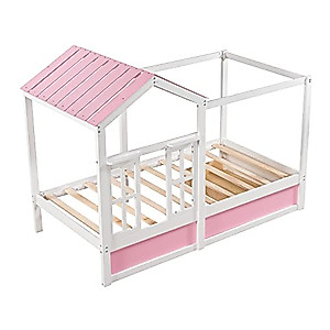 Woanke Twin Size House Bed for Kids, Montessori Playhouse Bed, Solid Wood Twin Platform Bed Frame with Storage Drawers, Roof and Window, Pink