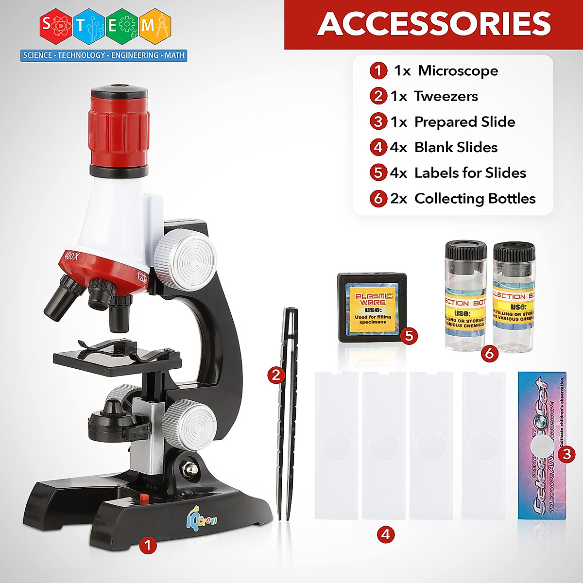 IQCREW ETXWJ04 100X-1200X LED Kids Beginner Microscope Toy Set + Slides Preparation Kit
