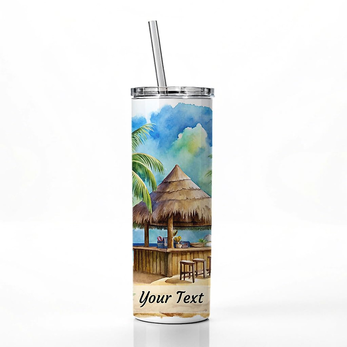 Personalized Custom Name Text Beach Resort Tropical Scene With Tiki Bar Skinny Tumbler 20oz with Straw Insulated Water Bottle Gift - 1 Line Horizontal