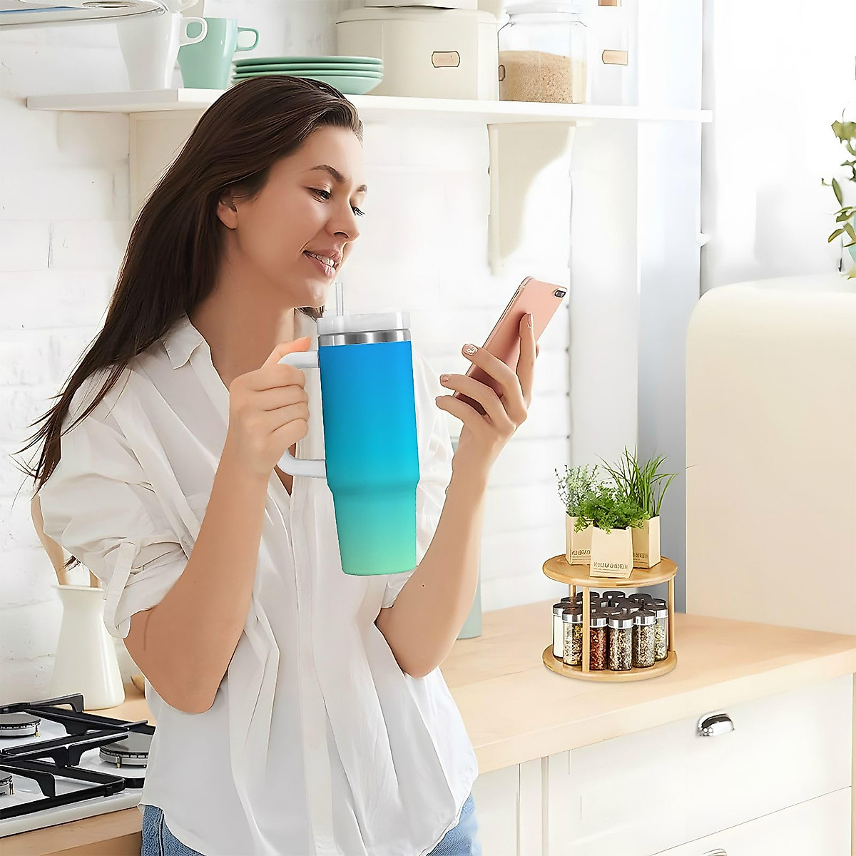 MCHIVER Blue Gradient 30 oz Tumbler with Handle and Straw Stainless Steel Vacuum Water Bottle Leak-proof Travel Coffee Mug Insulated Tumbler for Office Car Home