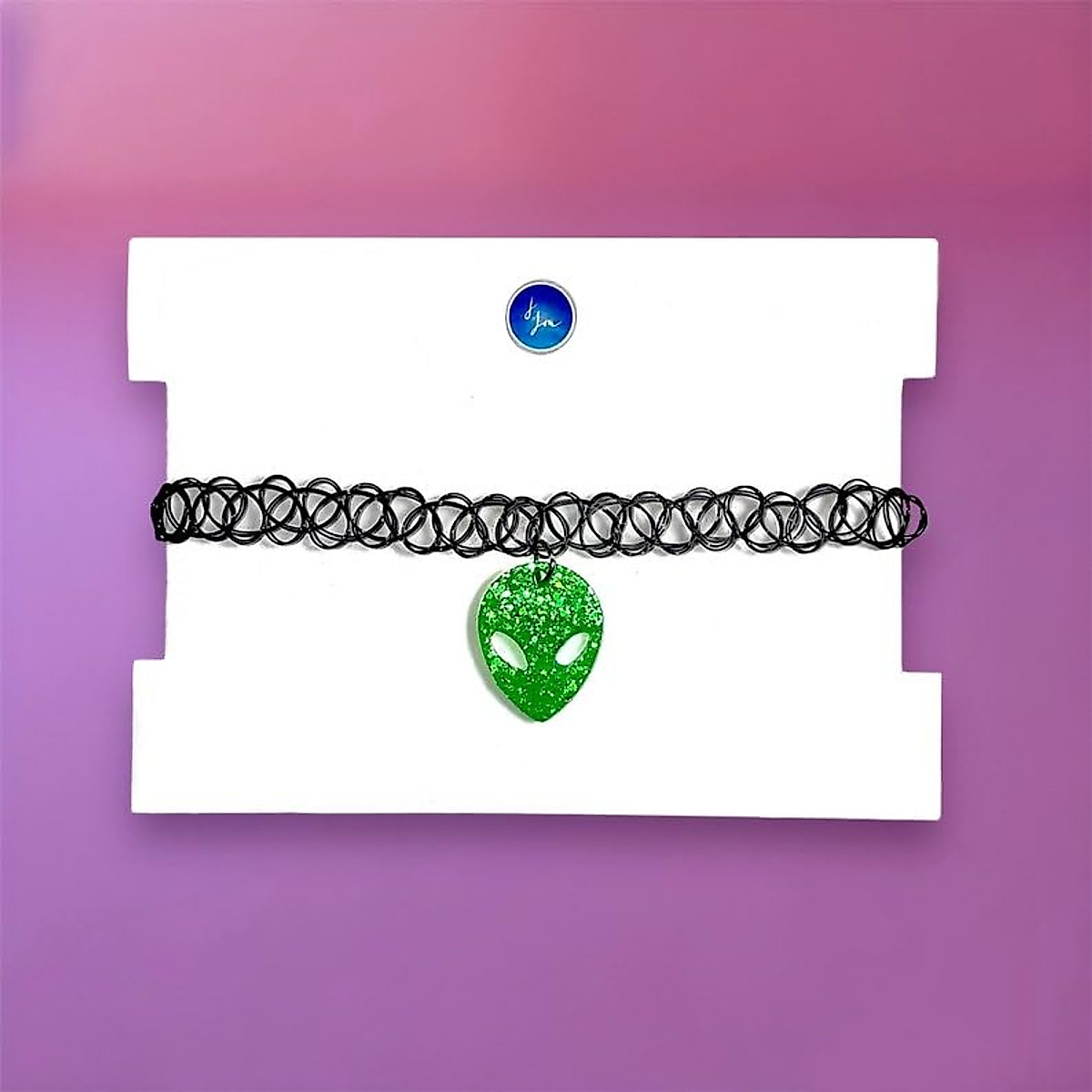 Glow In The Dark Alien Head Choker Necklace, 90s Black Stretch Choker, Womens Rave Festival Accessories, Fun Statement Jewelry, Gift For Her (Glitter)