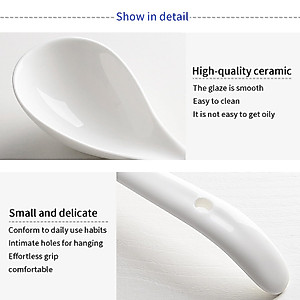 Soup Spoons, Asian Soup Spoons, Chinese Soup Spoons, Ceramic Spoons White Japanese Spoon Large for Dumpling Wonton Ramen Pho Miso, Deep Oval Hook Design, Set of 6