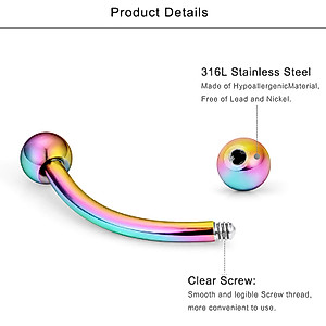 Lcolyoli 10 Pcs 16G Stainless Steel Eyebrow Piercing Rings with Clear Diamond CZ Curved Barbell Rook Daith Earring Piercing Body Jewelry for Women Men Silver-tone Rainbow 10mm