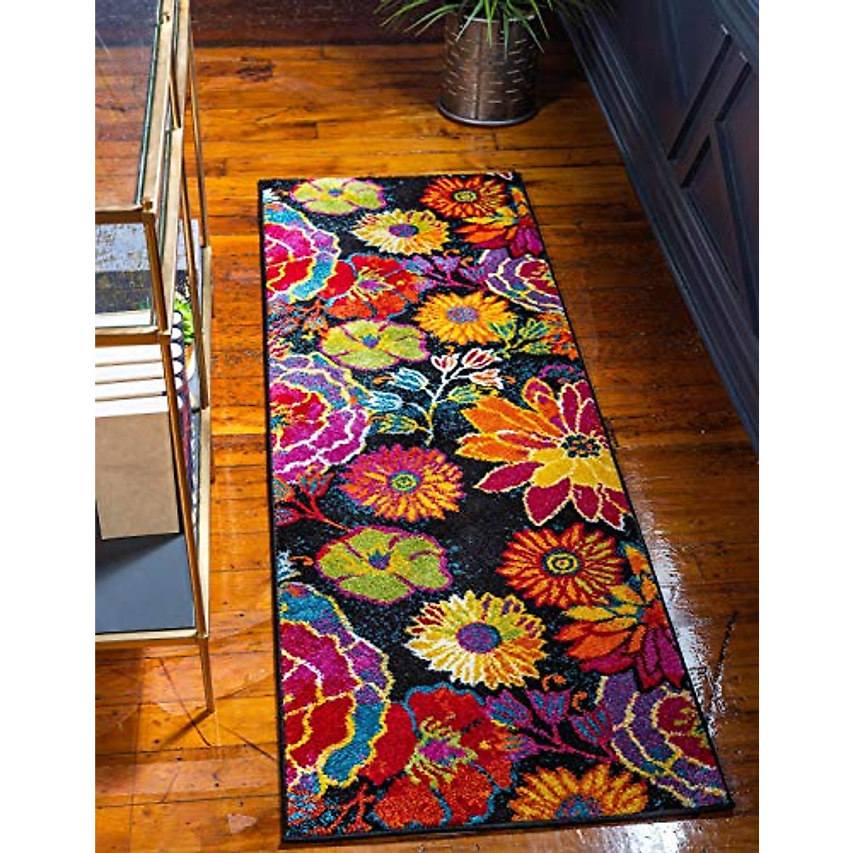 Unique Loom Lyon Collection Colorful Modern Floral Garden Area Rug, 2 x 6 ft, Black/Yellow