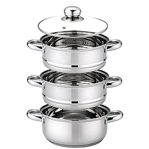 Double Boiler & Steam Pots for Chocolate and Fondue Melting Pot, Candle Making, Stainless Steel Steamer with Tempered Glass Lid for Clear View while Cooking, Dishwasher (3 Cooking Utensils Set)