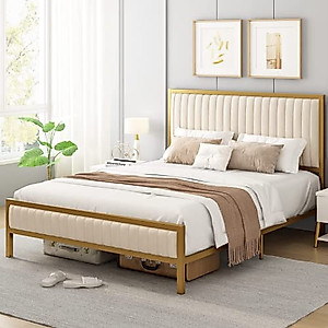 HIFIT Queen Size Bed Frame, Queen Bed Frame with Headboard, Heavy Duty Metal Foundation, Upholstered Bed Frame with Velvet Tufted Headboard, Wood Slat Support, No Box Spring Needed, Gold & Ivory White