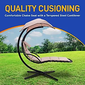 SereneLife Outdoor Hanging Curved Steel Chaise Lounge Swing Chair w/a Built-in Pillow and Removable Canopy UV Protection and Foam Covered Armrest
