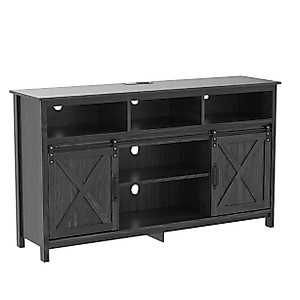 fancyqube Farmhouse Coffee Bar Cabinet, Rustic Sliding Barn Door Storage Cabinet with Power Outlet, Buffet Server Sideboard Cupboard Table for Dining Room Entryway Kitchen (Wash Grey)