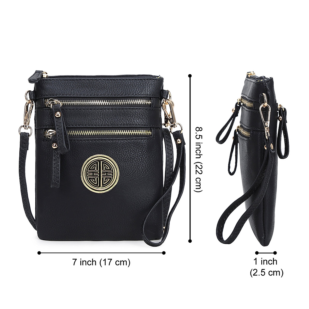 Solene Women's Faux Leather Organizer Multi Zipper Pockets With Detachable Wristlet Crossbody Bag -WU002L (Black)