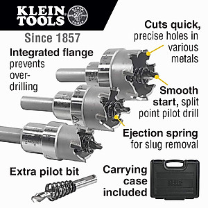 Klein Tools Hole Cutter Kit + Step Drill Bit | 4-Piece Carbide Hole Cutter Set with Pilot Bit and 3/8 in. Hex Shank Double Fluted Step Drill Bit