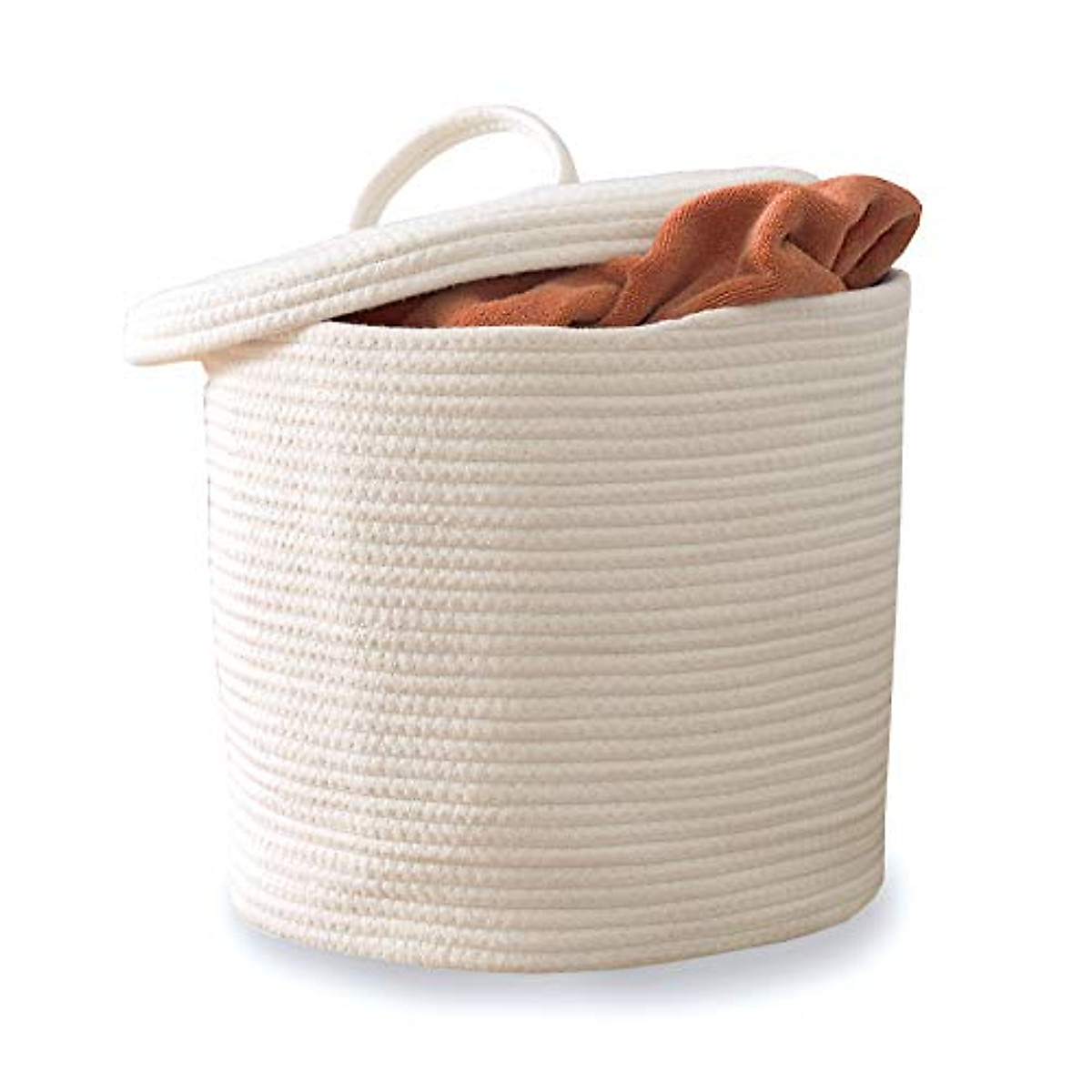 Cotton Rope Storage Basket with Lid | Large Woven Baskets and Handles 15" x 13" | for Nursery, Laundry, White Round Hamper, Home Living Room Floor, Toy Organizing bins, Blanket, Pillow and Big