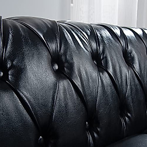 Faux Leather Couch， Modern Chesterfield Sofa Couch, Large 3 seat Couch, Sofas for Living Room, Apartment and Office Couch.(Black Sofa)