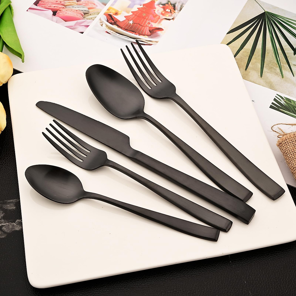 Snplowum 20-piece Black Cutlery Set, 18/10 Stianless Steel Silverware Heavy Duty Tableware Set Include Dinner Knife/Fork/Spoon, Service For 4, Matte Polish