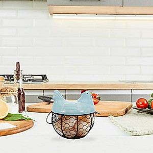 Round Chicken Wire Egg Baskets, Rustic Metal Egg Baskets for Fresh Eggs with Handle, Egg Holder Countertop Basket with Ceramic Lids, Country Farmhouse Vintage Style Gathering