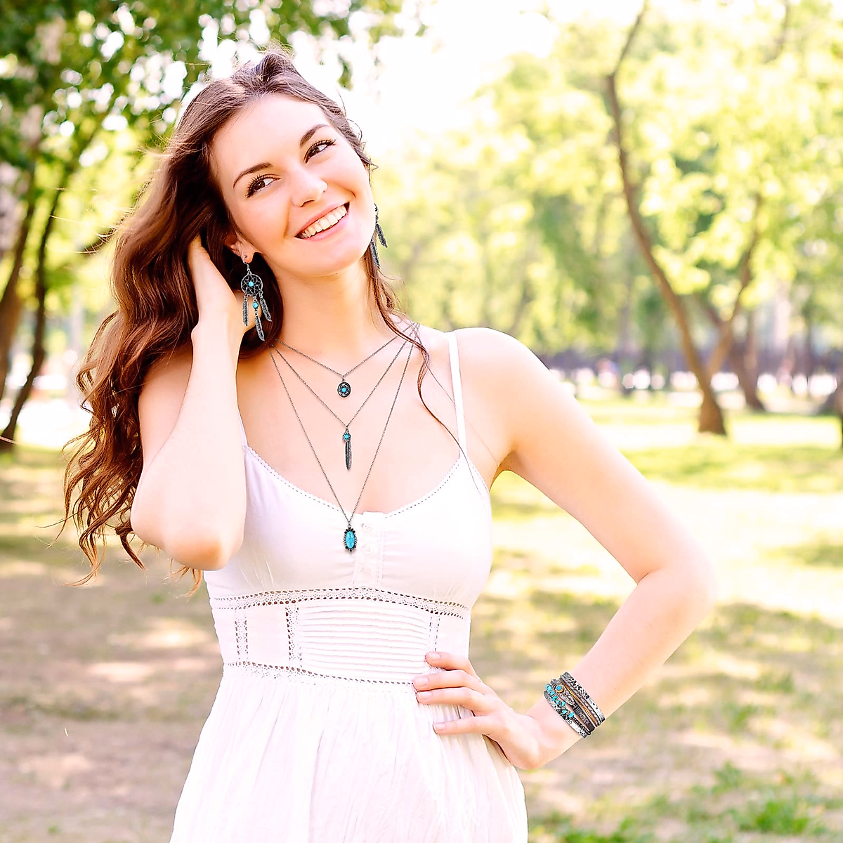 3 Pcs Western Jewelry for Women Bohemian Turquoise Set Turquoise Pendant Necklace Western Dangle Earrings Turquoise Bracelet(Cute Style)