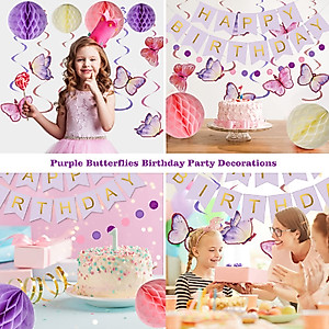 meowtastic Purple Birthday Decorations - Purple Happy Birthday Banner with Honeycomb Ball, Butterflies Hanging Swirl Streamer, Circle Dot Garland Decoration - Birthday Party Decoration for Women Girl