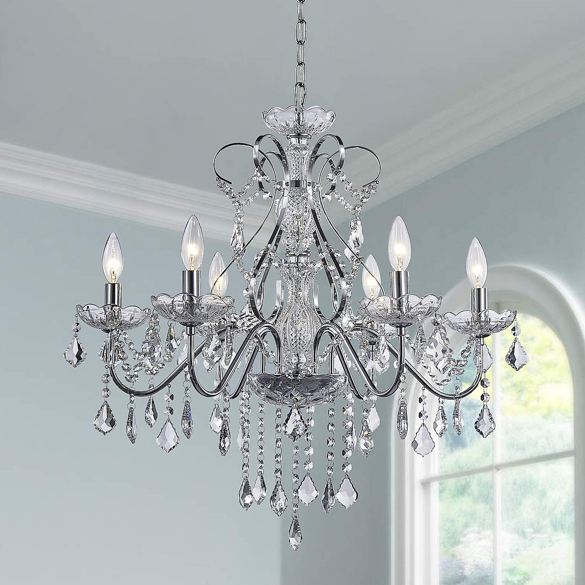 Saint Mossi 6 Light Crystal Chandelier Light Fixture Modern Chandelier Crystal Lighting, Crystal Pendant Raindrop Chandelier for Dining Room,Bedroom,Living Room,H23 x D24