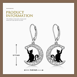 Black Cat Earrings For Women Sterling Silver 925 Kitty Cat Moon Earrings Dangle Jewelry Hypoallergenic Leverback Cute Valentines Christmas Gifts