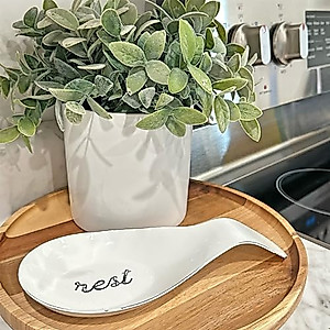 AuldHome Farmhouse White Spoon Rest, Distressed Enamel Ceramic Spoon Holder in Rustic Style
