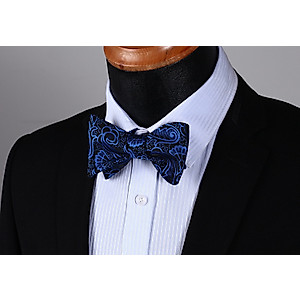 HISDERN Bow Ties for Men Black Blue Paisley Bowties Men Self Tie Bow Tie and Pocket Square Set Classic Woven Bowtie Handkerchief for Wedding Party