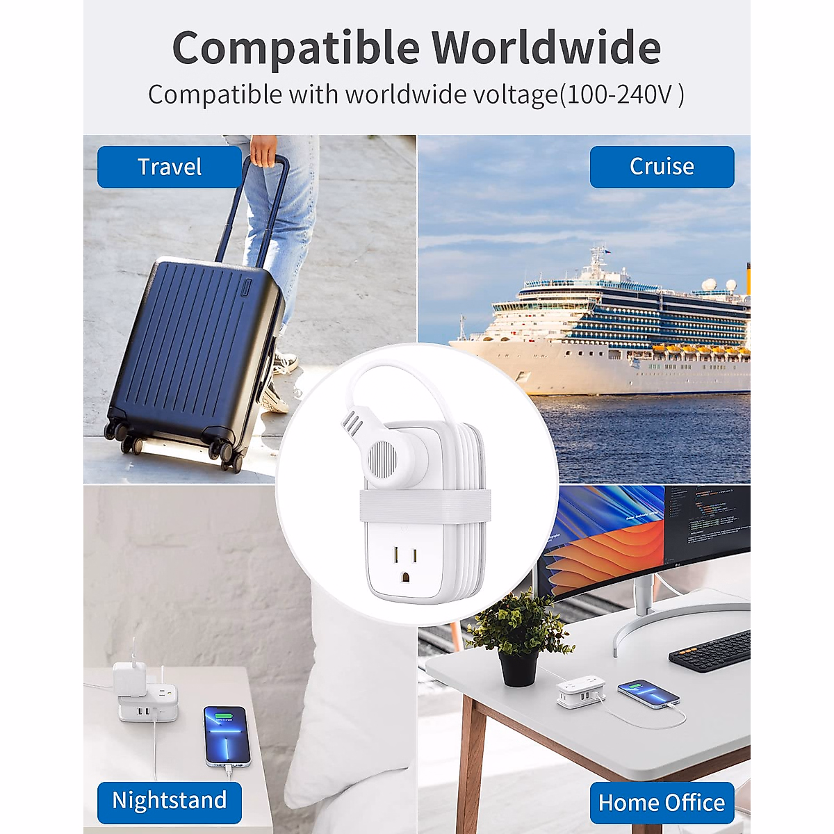 Travel Power Strip with USB Ports, NTONPOWER 4 Outlets 3 USB with 4FT Wrapped Short Extension Cord Flat Plug, USB Portable Desktop Charging Station, Compact for Hotel Travel Cruise Essentials, White