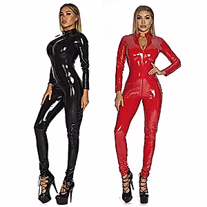 Women's Latex Catsuit One Piece Stretch Bodysuit Sexy PVC Shiny Jumpsuit Faux Leather Wet Look Clubwear for Party Club Black US Size-XXL