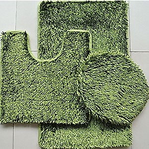BH Home & Linen 3 Piece Shiny Chenille Bath Rugs Set Large 18" x 30 Contour Mat 18"x18" and Lid. (Sage Green)