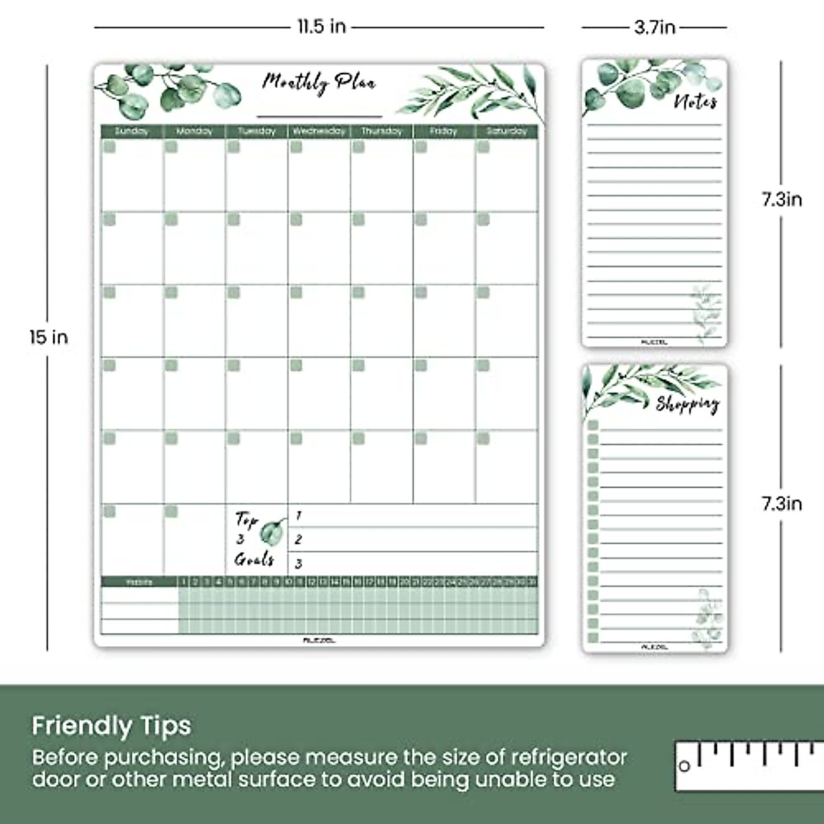 ALEZEL Magnetic Dry Erase Calendar for Fridge, Greenery Monthly Fridge Calendar Whiteboard Set - Vertical Monthly Calendar for Refrigerator, Grocery & to Do List White Board, 3 Markers + Eraser