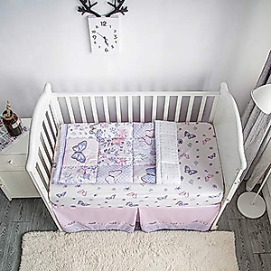 La Premura Lilac Butterfly Baby Girl Crib Bedding Set for Girls – Butterfly 3 Piece Standard Size Crib Bedding Sets in Pastel Pink and Purple