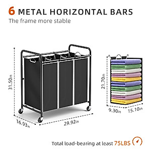 ROMOON Laundry Sorter 3 Section, Heavy-Duty Laundry Hamper with Lockable Wheels and Removable Bags, Rolling Laundry Basket Cart, Dirty clothes hampers for Family laundry, Black