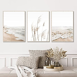 Beach Wall Art Boho Prints Coastal Canvas Wall Art UNFRAMED, Beach Pictures Wall Art Pampas Grass Ocean Poster Plant Landscape Beach Scene Artwork for Living Room Bedroom Decor 16x24 Inch, Set of 3