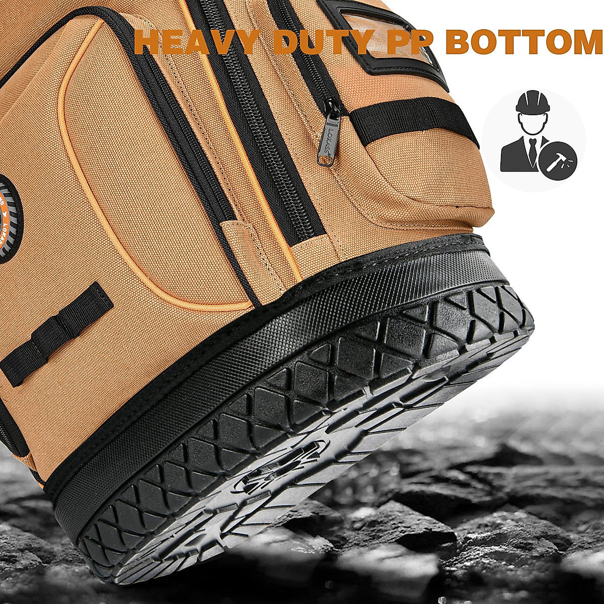 Tool Bag Backpack, 75 Pockets & Loops Canvas Heavy Duty Tools Organizer Bags/HVAC Tool Carrier for Electrician/Construction Work with Molded Base and Combination Lock - Brown